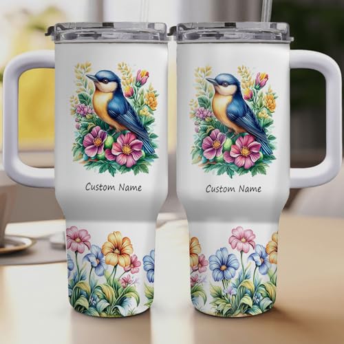 40oz Eurasian Nuthatch 2 Personalized Tumbler - Stainless Steel Cup with Handle, Lid & Straw - Gift for Animal Lover Girls, Women - Ideal for Birthday, Christmas nhpU7s