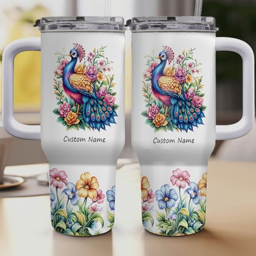 40oz Custom Peafowl Lover Tumbler – Personalized Stainless Steel Mug with Handle and Straw – Cute Bird Gift for Girls Women on Christmas or Birthday Celebration 9Xm2RR