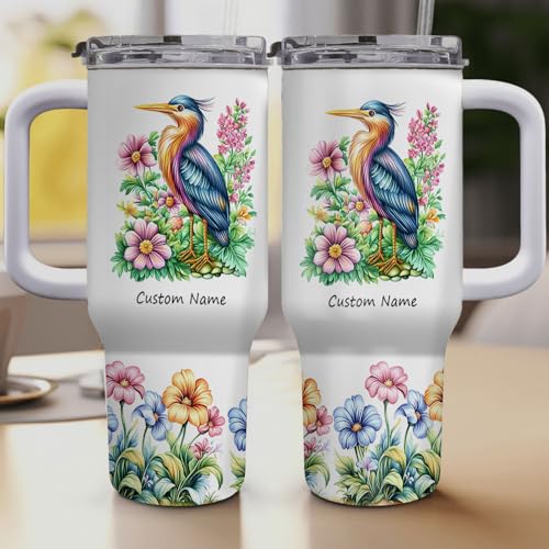 Personalized Green Heron 40oz Tumbler With Handle, Lid & Straw - Stainless Steel Travel Coffee Mug - Custom Gift for Bird Lovers - Women, Girls Birthday or Holiday Gift Idea h0gIJC