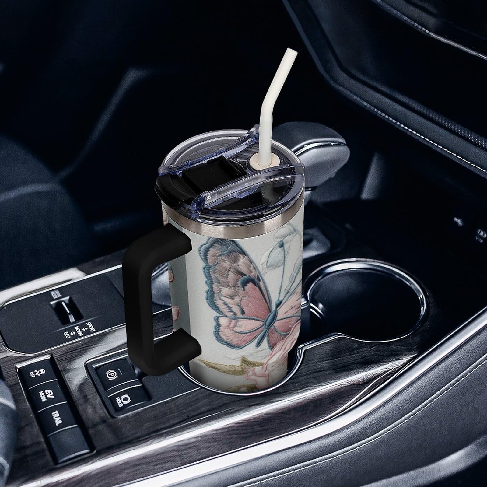 YTLKGFP 40 Oz Large Capacity Car Cup Beautiful Butterfly Pattern Tumbler with Handle (Black) Straw Lid Insulated Stainless Steel Water Bottle Travel Mug Leak-proof Car Cup Keeps Cold Or Hot