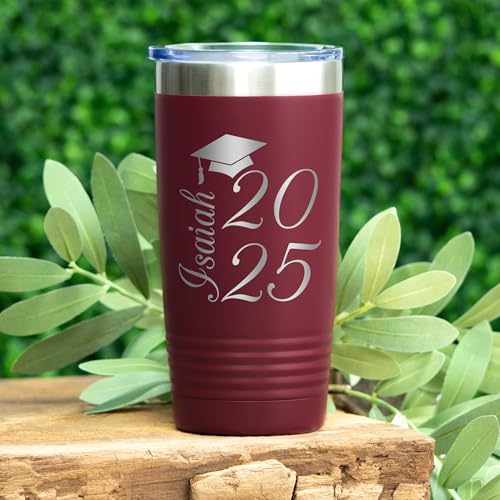 Personalized Graduation Tumbler 20 oz, Class of 2025 Senior Gift, Custom Senior Tumbler for Him or Her (Black W/O Rim)