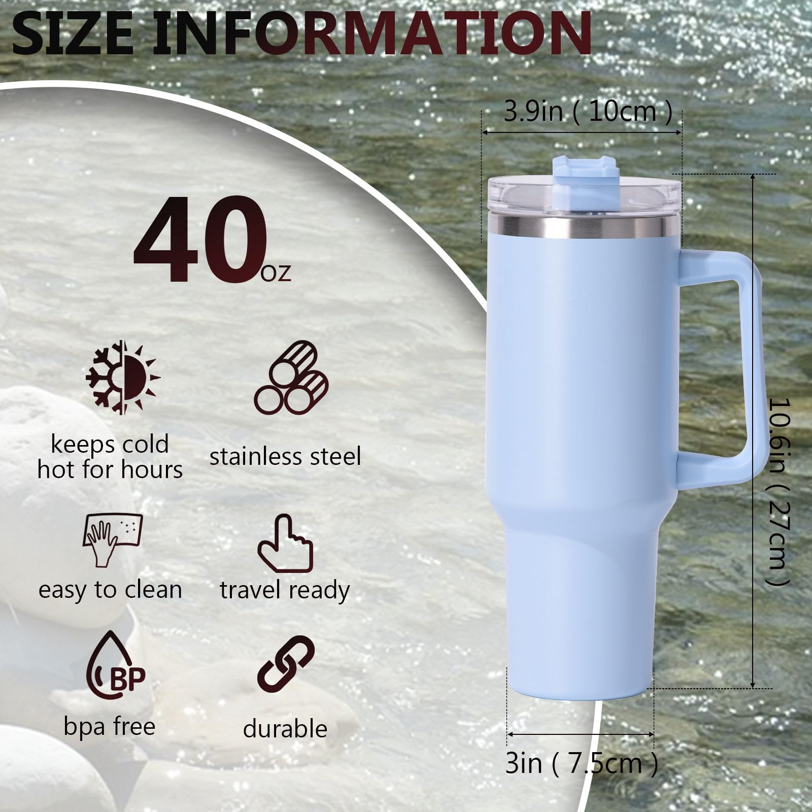 40 oz tumbler with handle, thermos cup with lid and straw, large metal sports kettle, hot stainless steel travel coffee cup (Sky Blue)