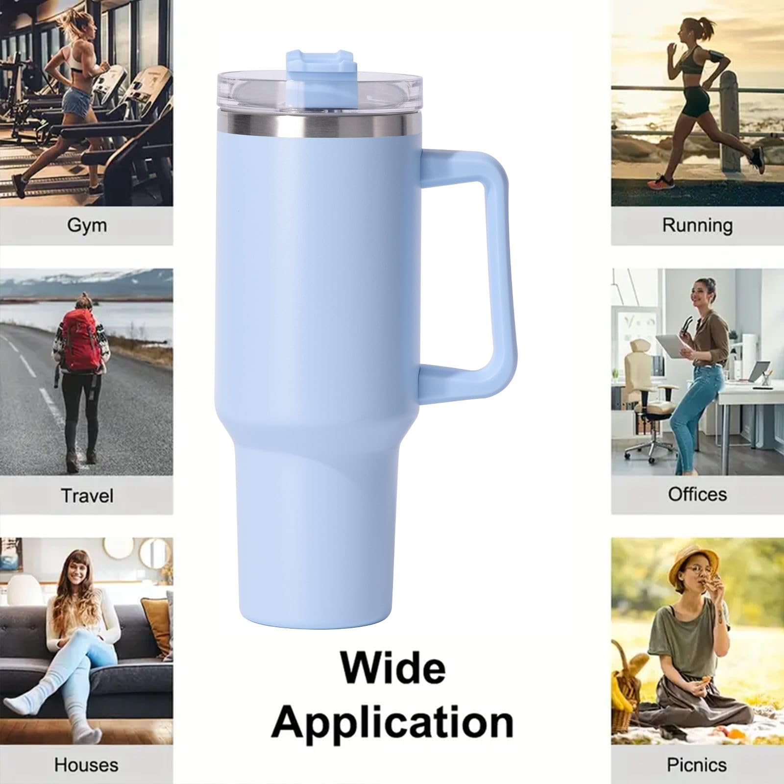 40 oz tumbler with handle, thermos cup with lid and straw, large metal sports kettle, hot stainless steel travel coffee cup (Sky Blue)