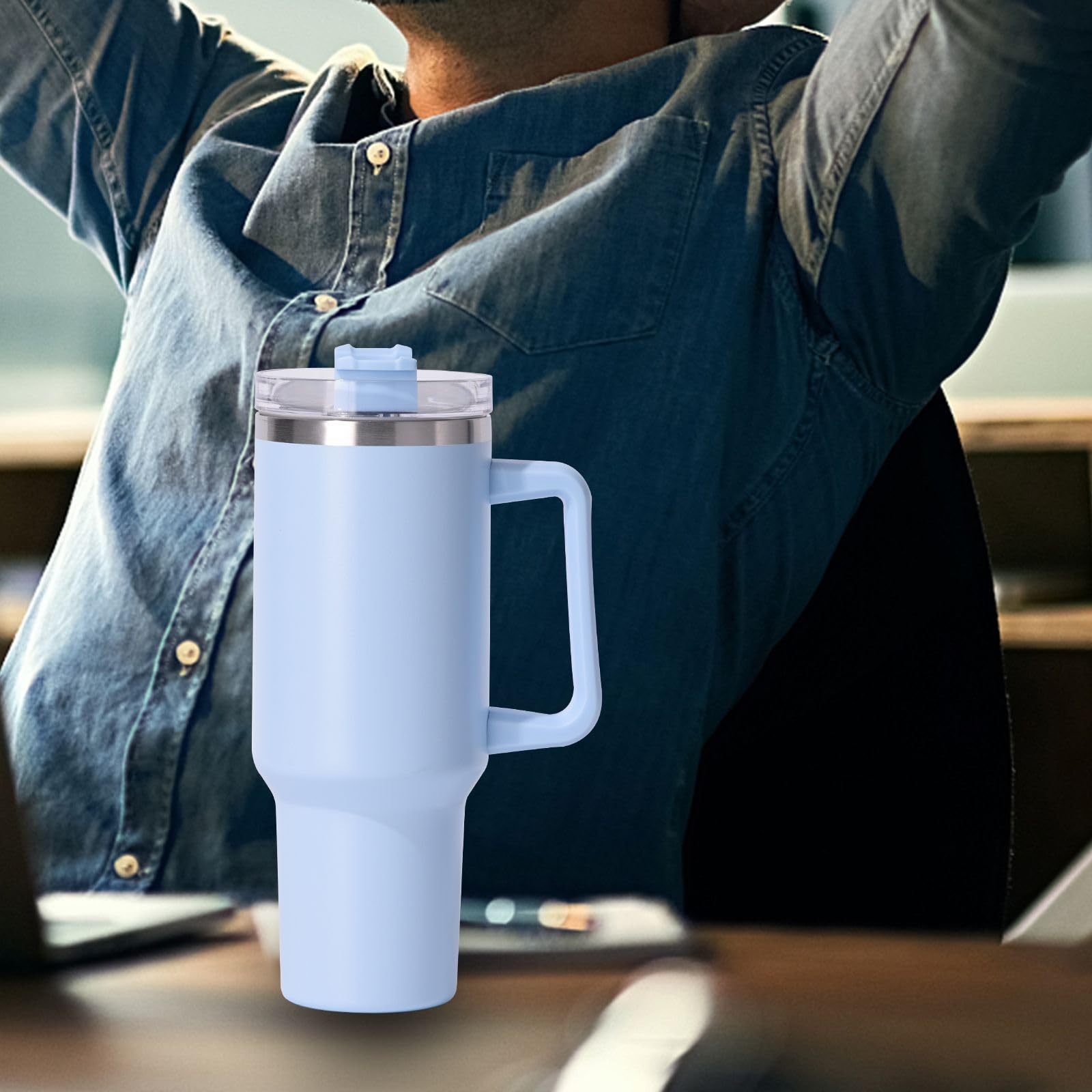 40 oz tumbler with handle, thermos cup with lid and straw, large metal sports kettle, hot stainless steel travel coffee cup (Sky Blue)
