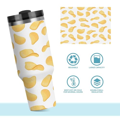 Exnundod Seamless Pattern Potato Chips Tumbler with Handle 30oz and Straw Insulated Tumblers Leak-proof Water Bottle for Car Travel