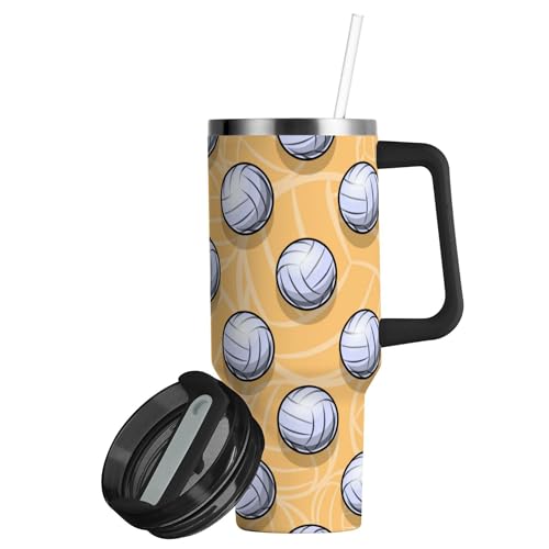 Exnundod Seamless Volleyball Ball Tumbler with Handle 30oz and Straw Insulated Tumblers Leak-proof Water Bottle for Car Travel