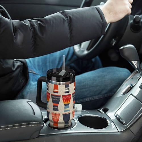 Exnundod African Djembe Drums Pattern Tumbler with Handle 30oz and Straw Insulated Tumblers Leak-proof Water Bottle for Car Travel