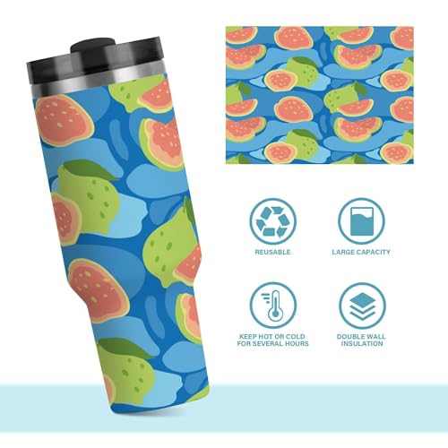 Exnundod Cartoon Guava Pattern Tumbler with Handle 30oz and Straw Insulated Tumblers Leak-proof Water Bottle for Car Travel