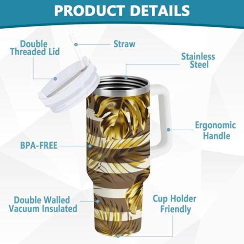 ODAWA 30 Oz Tropical Leaves Stripe Brown Insulated Water Bottle with Lid and Straw, 2 in 1 Lid Insulated Double Insulated Tumblers