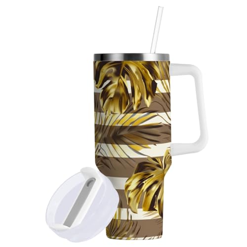 ODAWA 30 Oz Tropical Leaves Stripe Brown Insulated Water Bottle with Lid and Straw, 2 in 1 Lid Insulated Double Insulated Tumblers