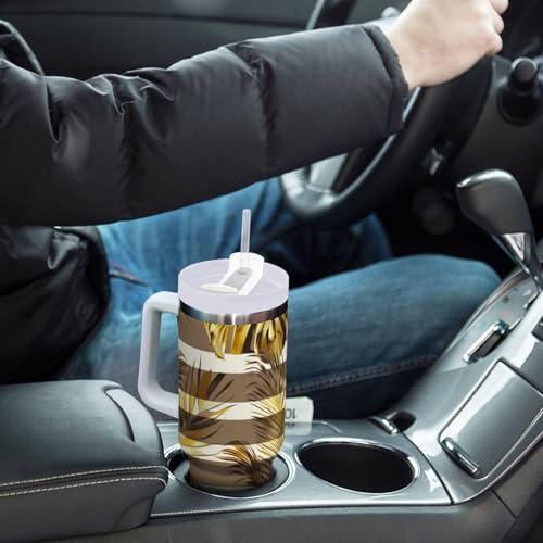 ODAWA 30 Oz Tropical Leaves Stripe Brown Insulated Water Bottle with Lid and Straw, 2 in 1 Lid Insulated Double Insulated Tumblers