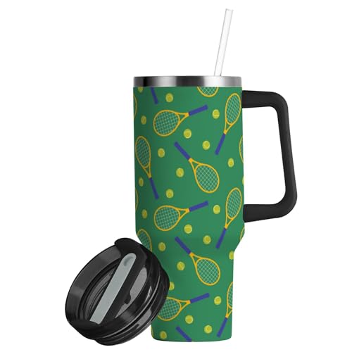 Exnundod Tennis Rackets and Balls Tumbler with Handle 40oz and Straw Insulated Tumblers Leak-proof Water Bottle for Car Travel
