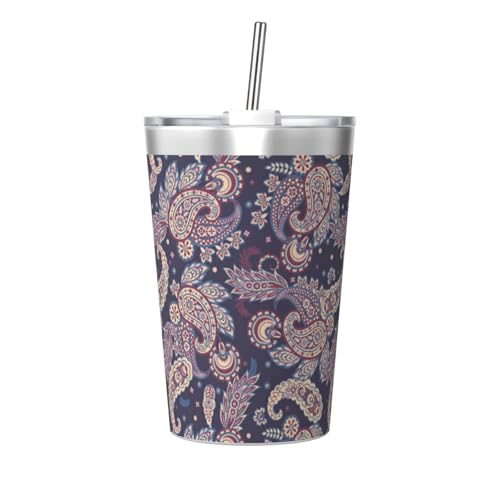Paisley Floral Ethnic Pattern 12oz Tumbler - Travel Coffee Mug with Splash Proof Sliding Lid - Double Wall Stainless Steel Vacuum Insulated Coffee Mug for Home and Office - Keep Beverages Hot or Cold
