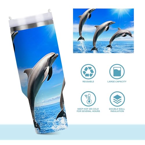 40 Oz Dolphins Ocean Stainless Steel Insulated Tumblers with Lid and Straw Travel Coffee Tumbler