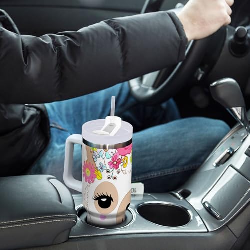 ODAWA 30 Oz Llama Floral Stainless Steel Vacuum Insulated Tumbler with Straw and Handle