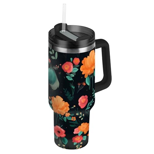 Bokkoy Llama with Floral Decor Pattern 40 oz/30 oz Tumbler with Handle and Straw Stainless Steel Tumbler with Lid Reusable Vacuum Insulated Cup