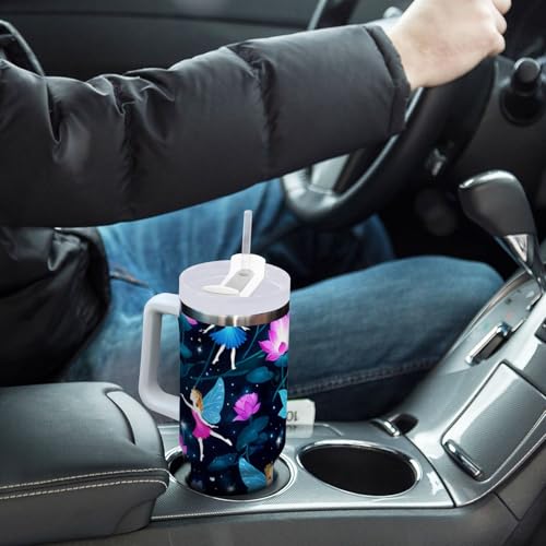 ODAWA 40oz Travel Insulated Tumblers with Handle and Straw, Flowers Night Double Wall Insulated Tumbler