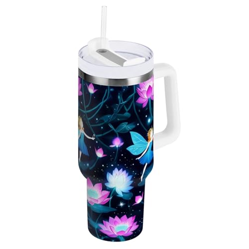 ODAWA 40oz Travel Insulated Tumblers with Handle and Straw, Flowers Night Double Wall Insulated Tumbler