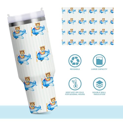 ODAWA Large Travel Coffee Tumbler with Handle and Straw, Bear Pilot Blue Airplane Leak Proof Tumbler