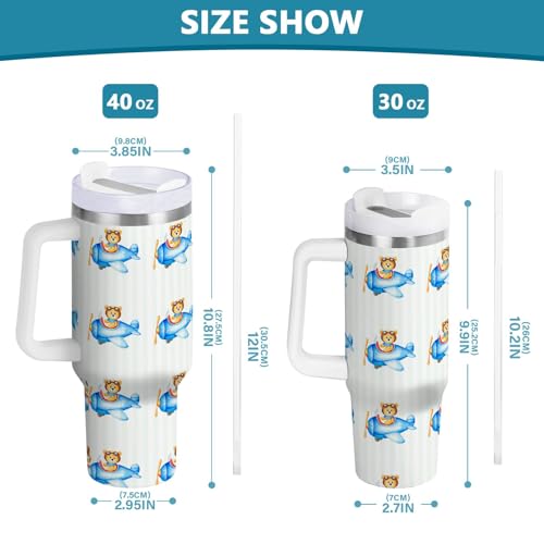 ODAWA Large Travel Coffee Tumbler with Handle and Straw, Bear Pilot Blue Airplane Leak Proof Tumbler