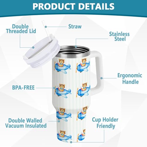 ODAWA Large Travel Coffee Tumbler with Handle and Straw, Bear Pilot Blue Airplane Leak Proof Tumbler
