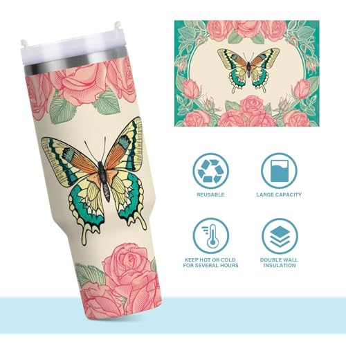 ODAWA 40oz Spill Proof Tumbler with Straw, Butterfly Pink Roses Vacuum Insulated Tumbler with Handle and Straw Lid