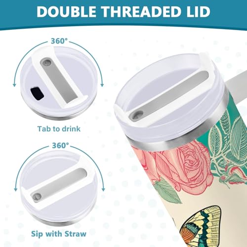 ODAWA 40oz Spill Proof Tumbler with Straw, Butterfly Pink Roses Vacuum Insulated Tumbler with Handle and Straw Lid