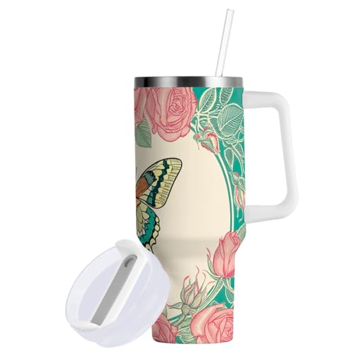 ODAWA 40oz Spill Proof Tumbler with Straw, Butterfly Pink Roses Vacuum Insulated Tumbler with Handle and Straw Lid