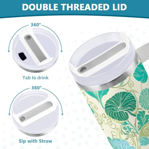 Vacuum Insulated Tumbler 30 Oz with Handle and Straw Lid, Retro Teal Floral