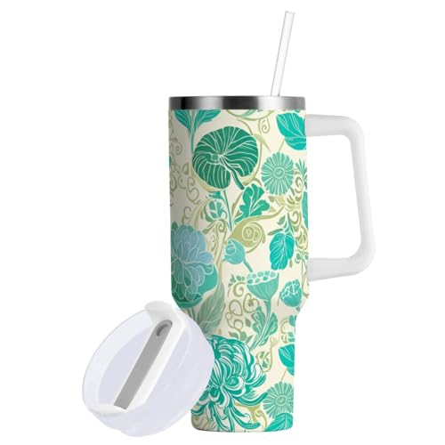 Vacuum Insulated Tumbler 30 Oz with Handle and Straw Lid, Retro Teal Floral