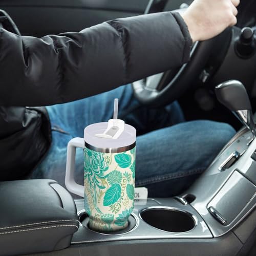 Vacuum Insulated Tumbler 30 Oz with Handle and Straw Lid, Retro Teal Floral