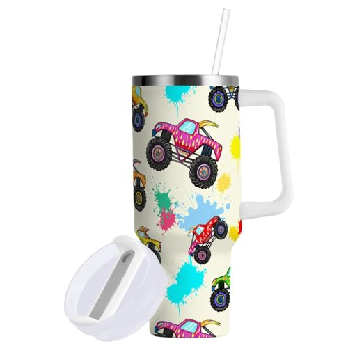 ODAWA 40oz Travel Coffee Tumbler with Straw and Handle, Colorful Monster Trucks Double Wall Insulated Tumbler