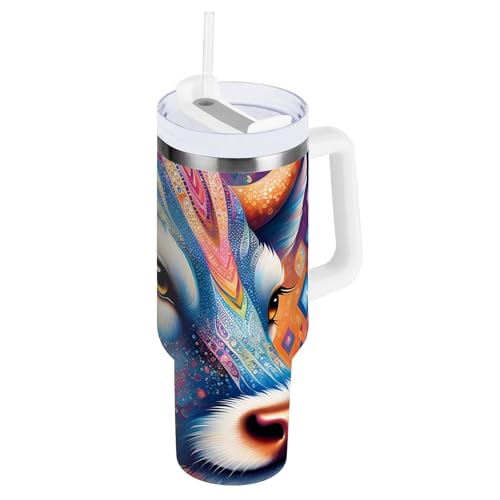 Nexawaveo Stainless Steel Tumbler with Handle and Straw Psychedelic Bull Colorful Dots Fits in Standard Cup Holder Iced Coffee Cups for Smoothie Cocktail Beer Soda Fruit Juice