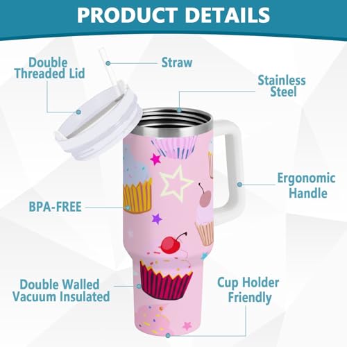 ODAWA Large with Lid and Straw, Cute Cupcake Pink Spill Proof Tumbler with Straw Stainless Steel Insulated Tumblers