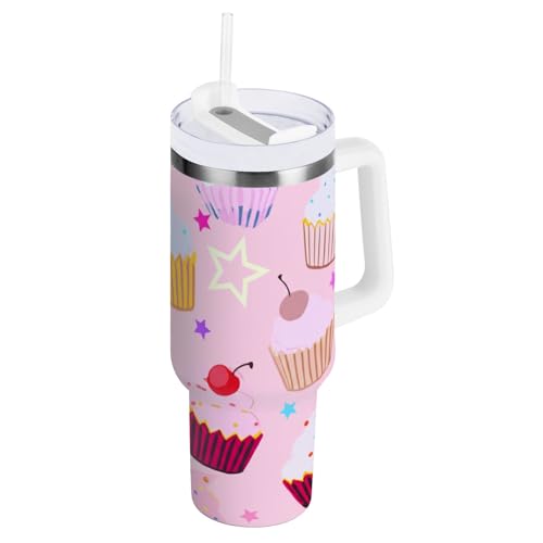ODAWA Large with Lid and Straw, Cute Cupcake Pink Spill Proof Tumbler with Straw Stainless Steel Insulated Tumblers