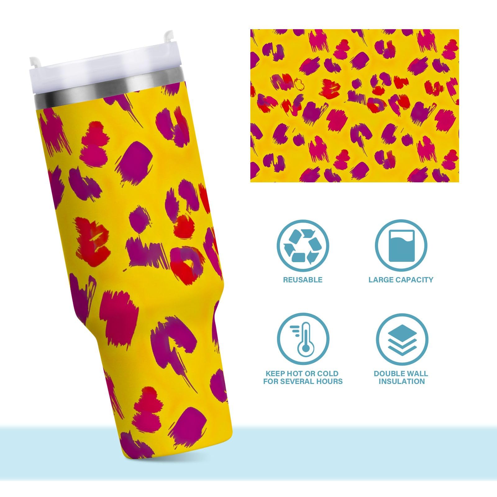 ODAWA 40 Oz Double Wall Insulated Tumbler, Leopard Yellow Stainless Steel Tumbler with Handle and Straw Lid