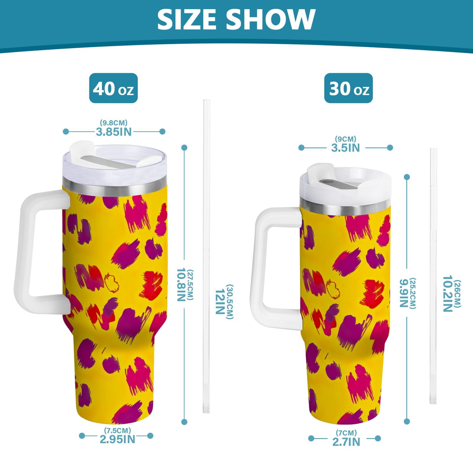 ODAWA 40 Oz Double Wall Insulated Tumbler, Leopard Yellow Stainless Steel Tumbler with Handle and Straw Lid