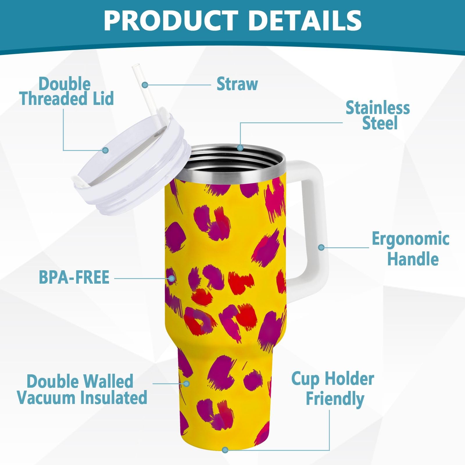 ODAWA 40 Oz Double Wall Insulated Tumbler, Leopard Yellow Stainless Steel Tumbler with Handle and Straw Lid