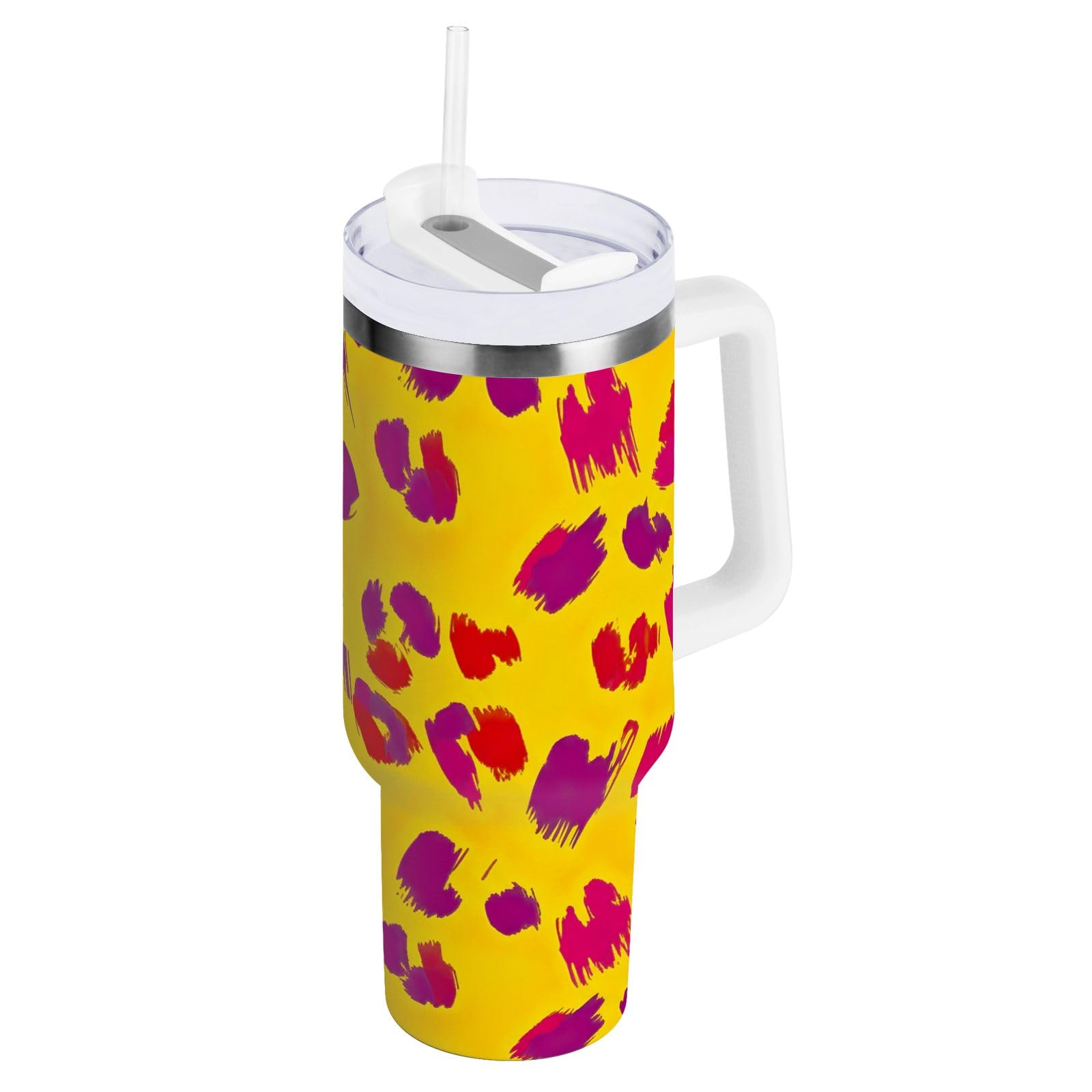 ODAWA 40 Oz Double Wall Insulated Tumbler, Leopard Yellow Stainless Steel Tumbler with Handle and Straw Lid