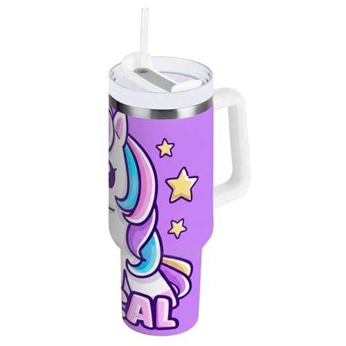 ODAWA 40oz Spill Proof Tumbler with Straw, Cute Unicorn Purple Insulated Stainless Steel Tumbler with Lid and Straw Insulated Travel Tumbler