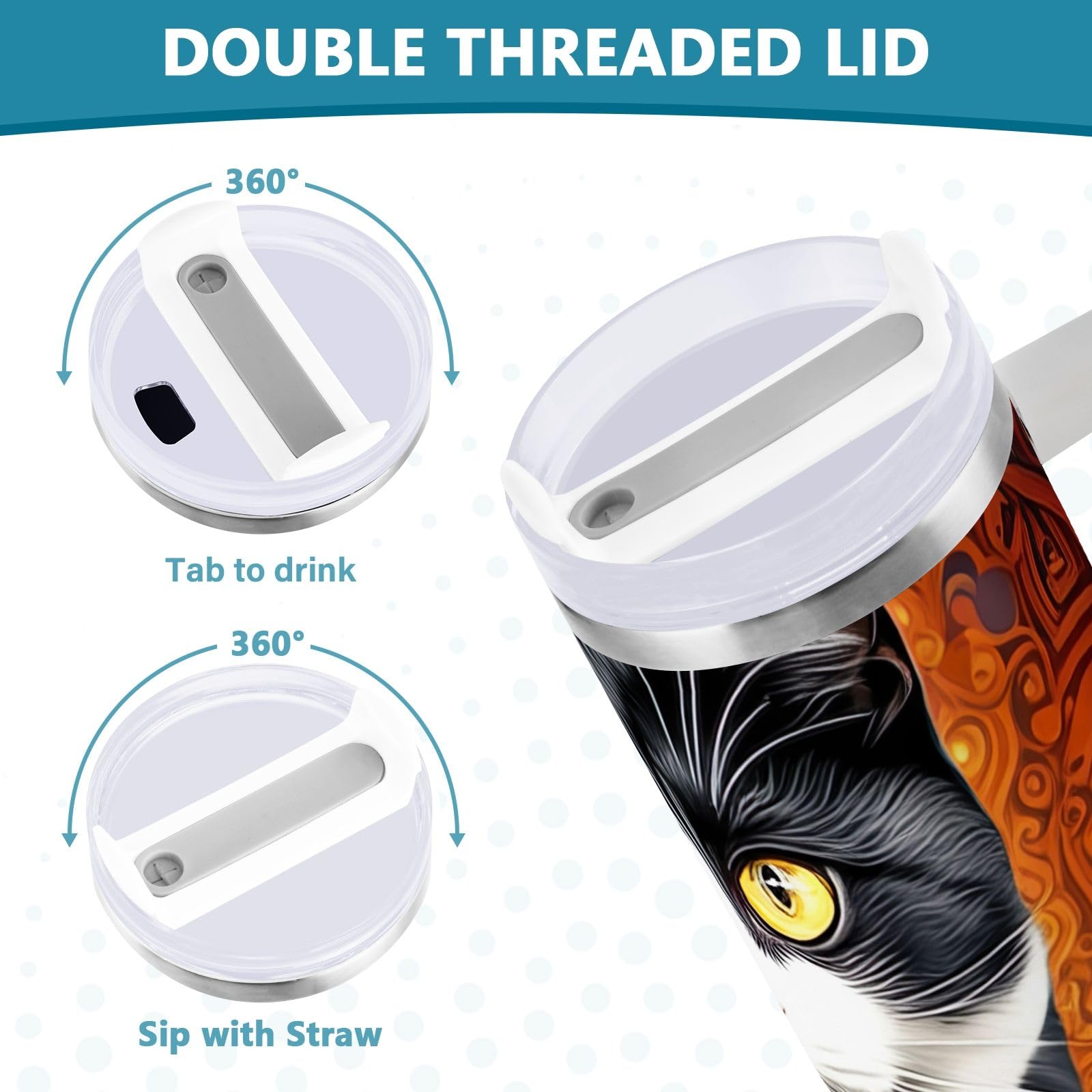 ODAWA 40 Oz Black White Cat Insulated Tumbler Cup with Handle and Straw, Stainless Steel Vacuum Insulated Tumbler