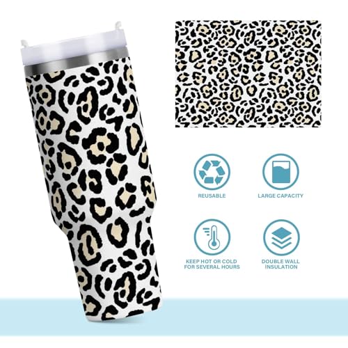 ODAWA Stainless Steel Tumblers Large with Straw and Handle, Black White Leopard Print Travel Insulated Tumblers