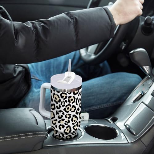 ODAWA Stainless Steel Tumblers Large with Straw and Handle, Black White Leopard Print Travel Insulated Tumblers