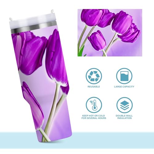Vacuum Insulated Tumbler 40 Oz with Straw and Handle, Purple Tulips Light Purple Travel Coffee Tumbler