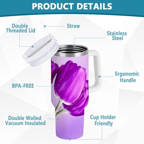 Vacuum Insulated Tumbler 40 Oz with Straw and Handle, Purple Tulips Light Purple Travel Coffee Tumbler