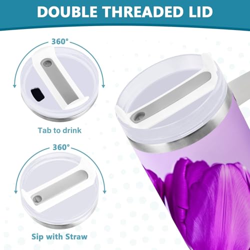 Vacuum Insulated Tumbler 40 Oz with Straw and Handle, Purple Tulips Light Purple Travel Coffee Tumbler