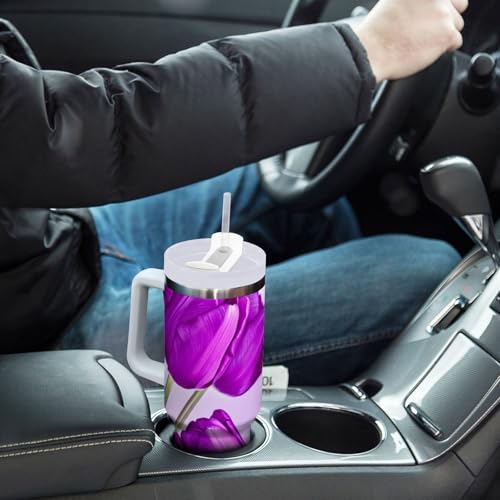 Vacuum Insulated Tumbler 40 Oz with Straw and Handle, Purple Tulips Light Purple Travel Coffee Tumbler