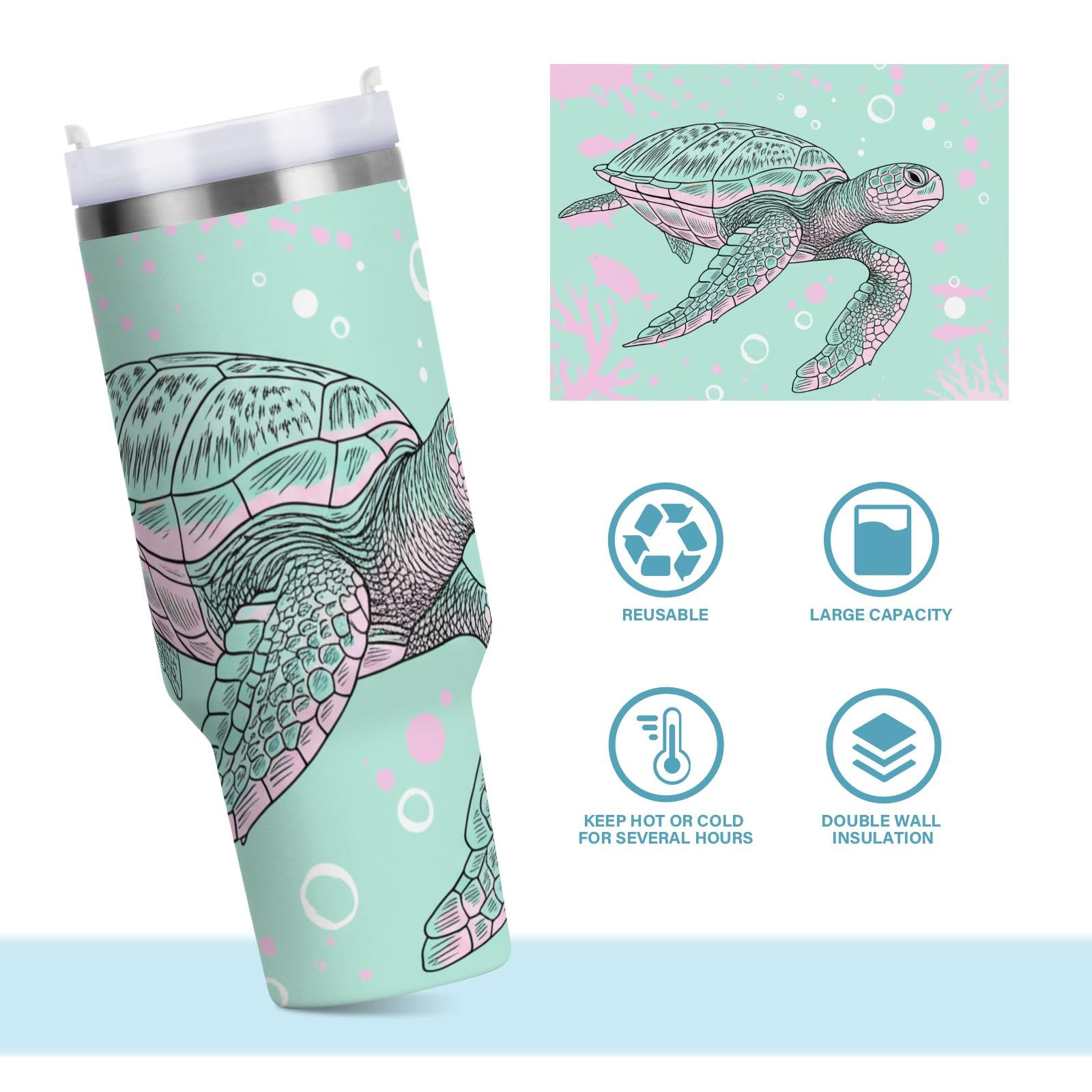 ODAWA 40 Oz Underwater Sea Turtle Insulated Cup with Lid and Straw, 2 in 1 Lid Insulated Stainless Steel Tumbler
