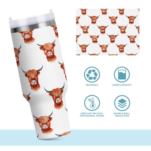 ODAWA 40oz Fall Insulated Tumbler with Straw and Handle, Cute Highland Cows Double Wall Insulated Tumbler