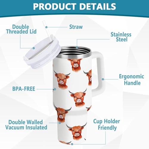 ODAWA 40oz Fall Insulated Tumbler with Straw and Handle, Cute Highland Cows Double Wall Insulated Tumbler